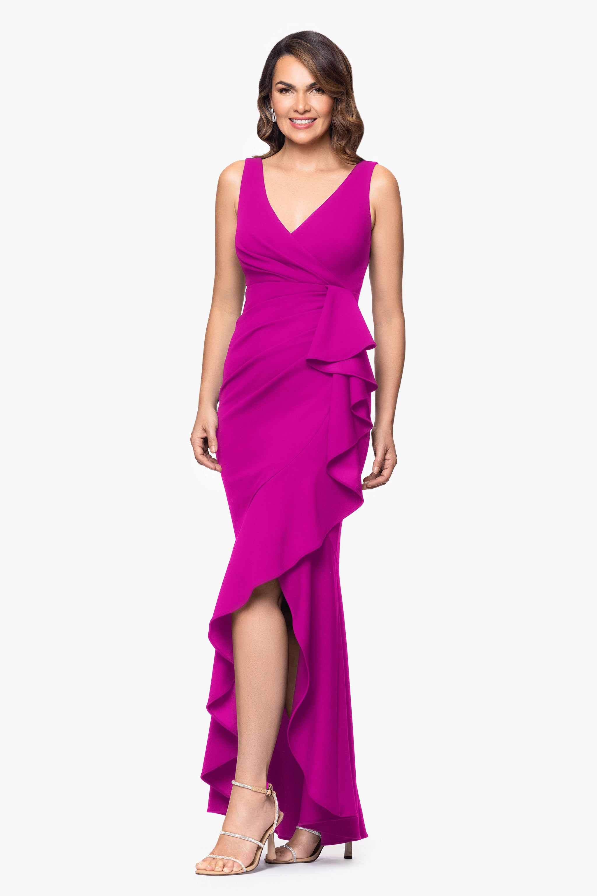 Petite "Candace" Long V- Neck Hi Low Cascade Dress | Betsy & Adam