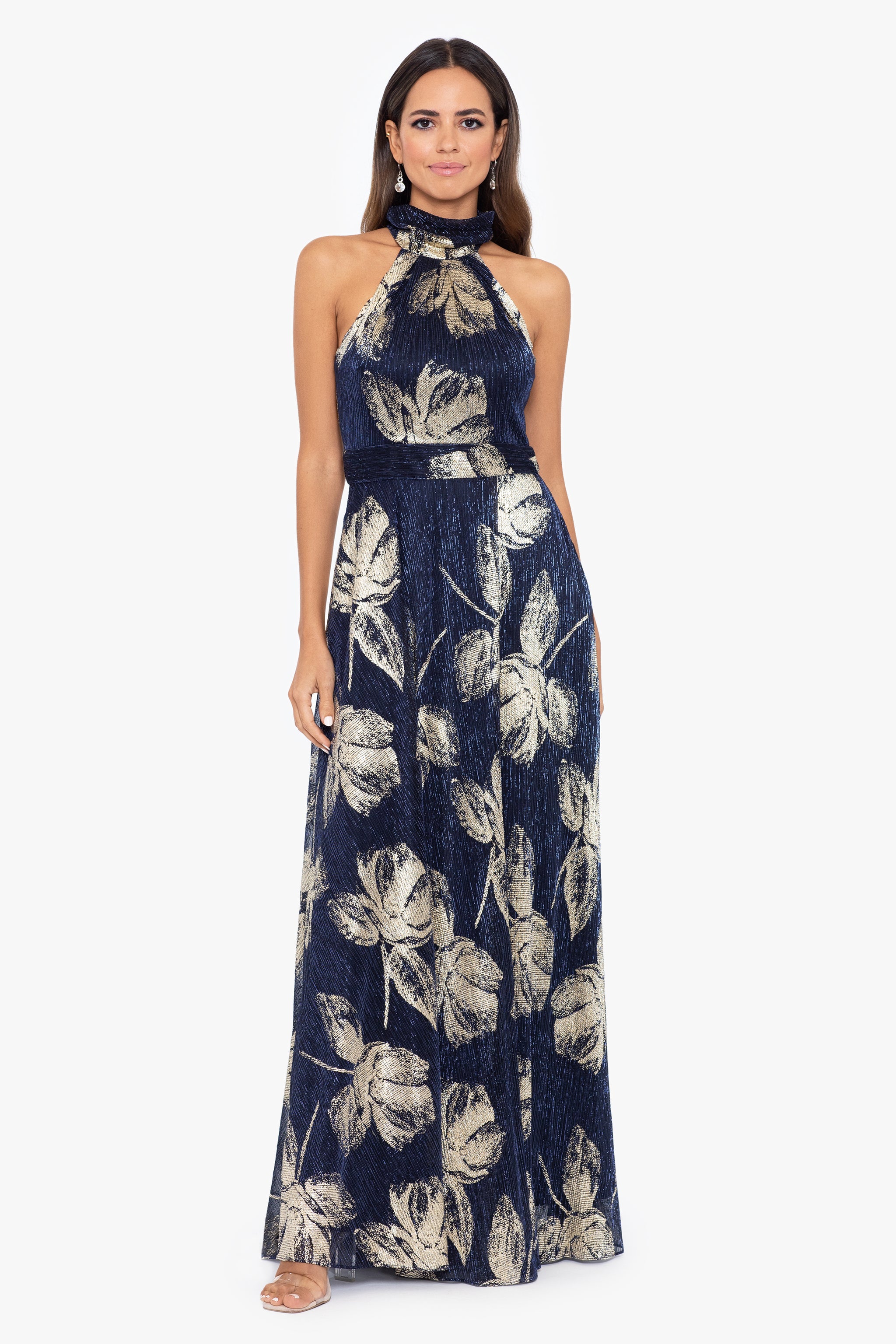 Petite "Dana" Long Mock Neck Foil Wrap Dress | Betsy & Adam