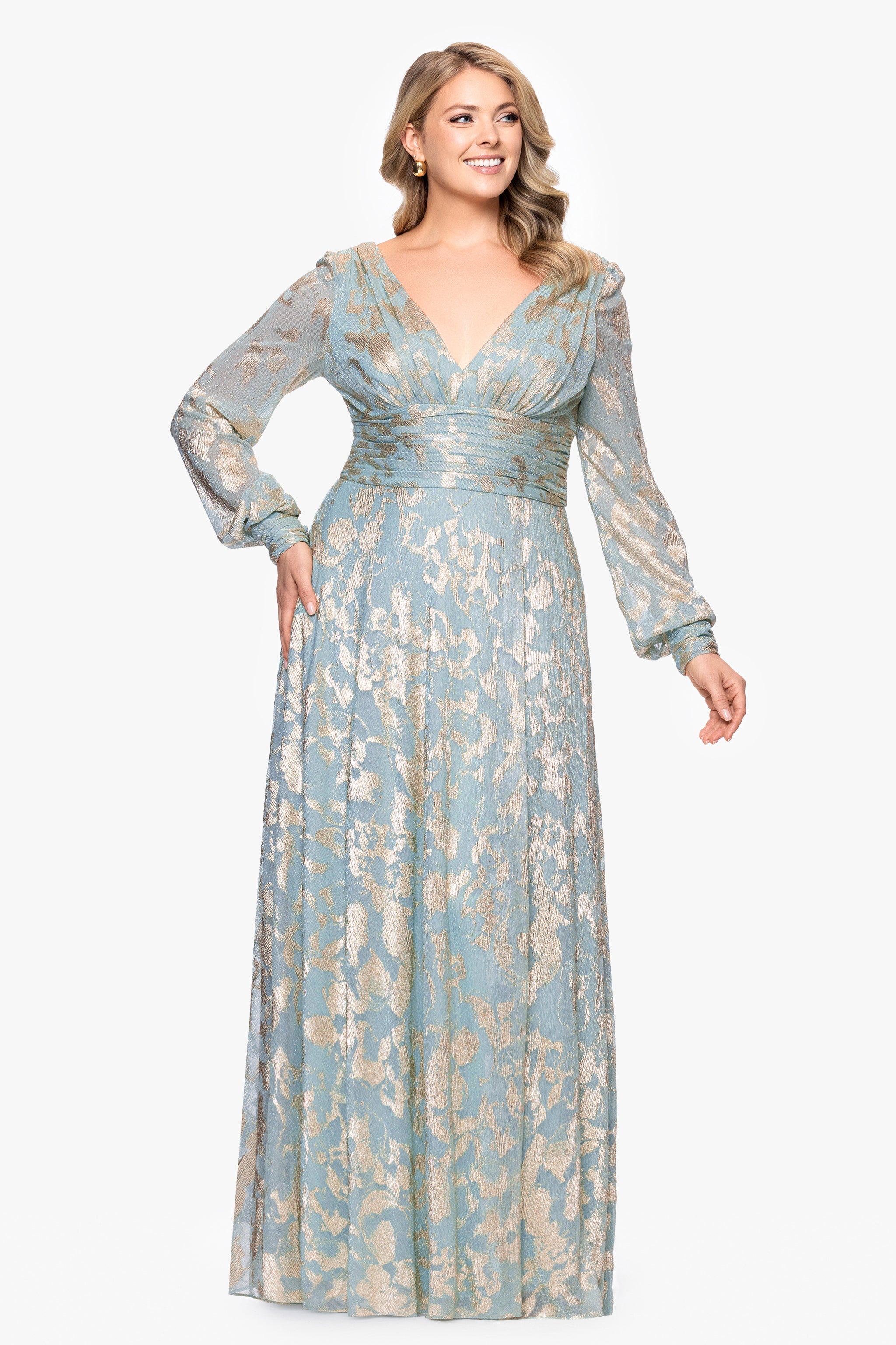 Plus "Melanie" Foil Knit V-Neck Long Sleeve Floor Length Dress