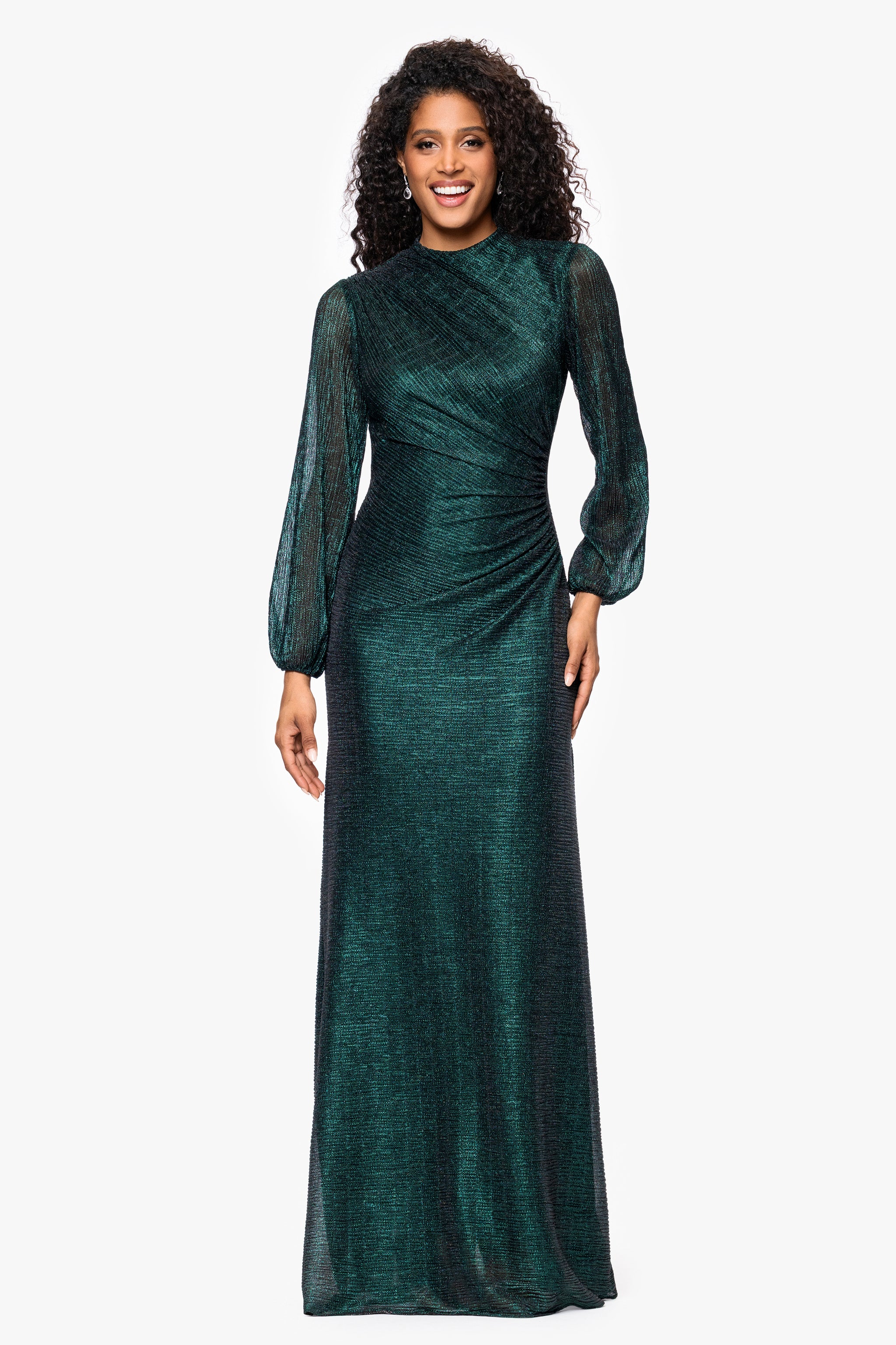 "Jayline" Crinkle Metallic Long Sleeve Floor Length Dress