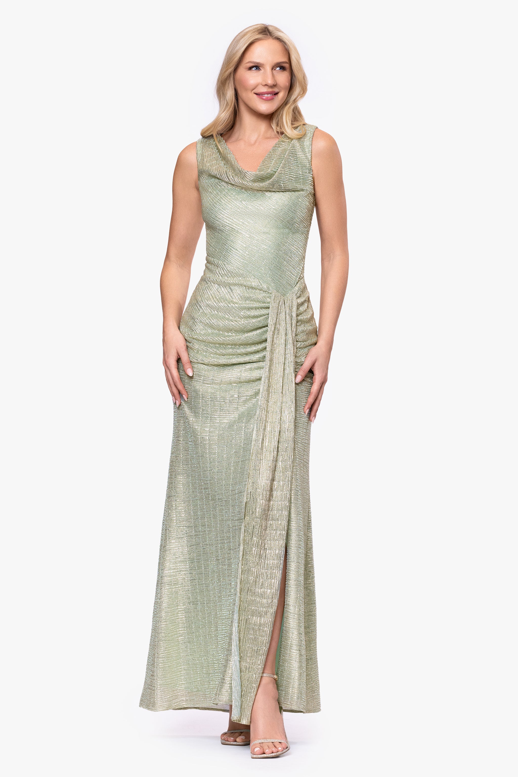 "Stassi" Metallic Knit Cowl Neck Floor Length Dress