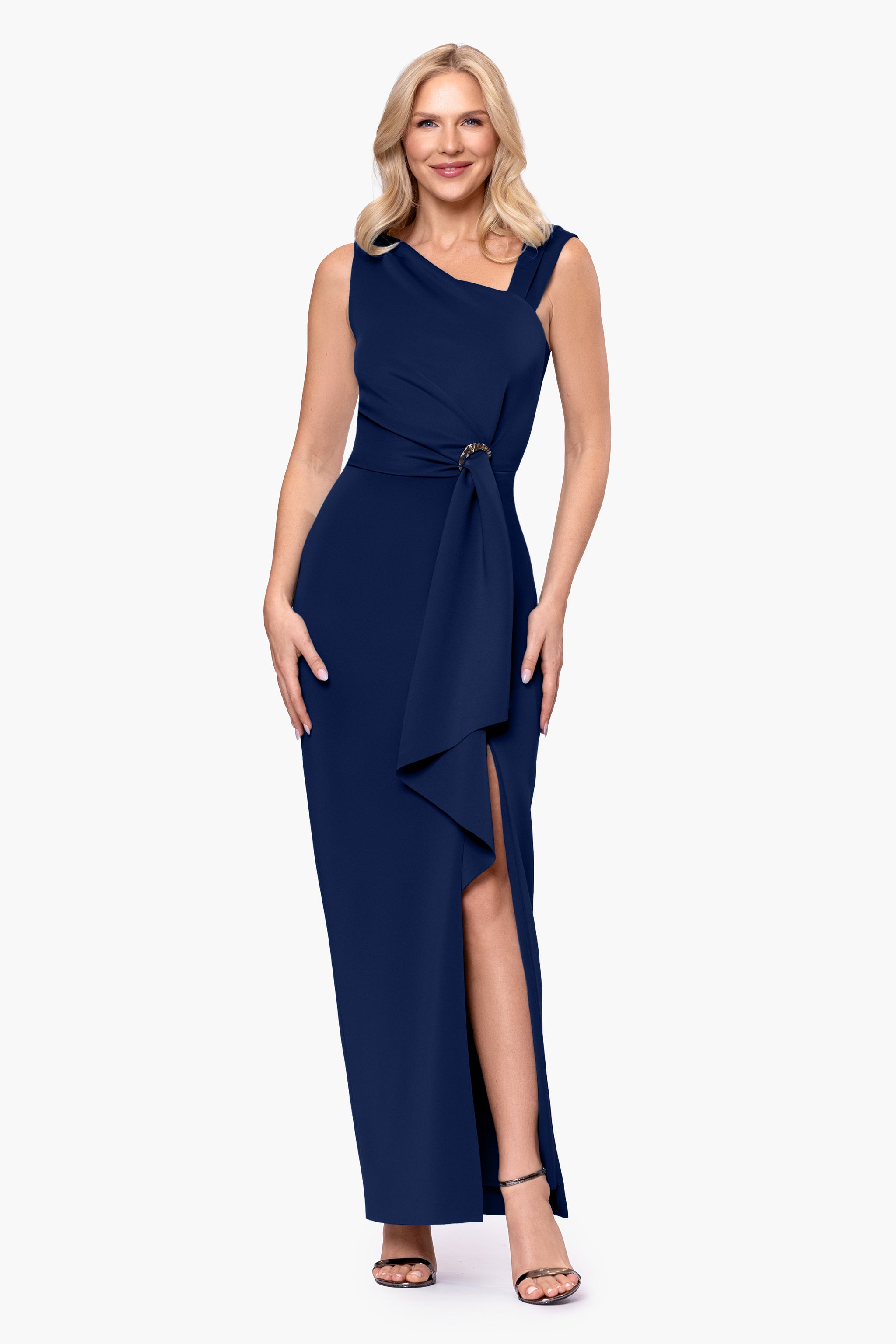 "Lucy" Techno Scuba Asymmtrical Neck Floor Length Dress | Betsy & Adam